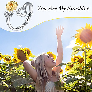 925-Sterling-Silver Honeycomb Bumble Bee Ring - I Love You Adjustable Gold Bee Rings with Enamel CZ Cute Animal Nature Beehive Queen Bee Jewelry Gifts for Women Girl (Sunflower Heart Ring)