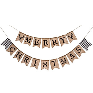 Whaline Merry Christmas Burlap Banner White Black Buffalo Plaid Reindeer Banner Vintage Rustic Christmas Bunting Garland for Xmas Party Home Fireplace Indoor Outdoor Holiday Decor Supplies, 2Pcs