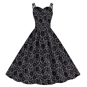 KSODFNXH Womens Dresses Casual Halloween Floral Printed Costumes Trendy Vintage Double Strap Small V Neck Swing Gown Dresses