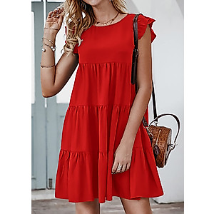 KIRUNDO Valentines Dress for Women Summer Sleeveless Ruffle Sleeve Round Neck Loose Short Flowy Pleated Mini Babydoll Sundresses, Red, Medium