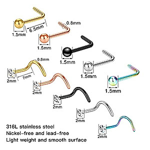 ONESING 55 Pcs 20G Nose Rings for Women Nose Rings Hoops Nose Piercing Jewelry CZ Nose Studs Screw L Shape Nose Bone Pin Stainless Steel Gold Body Piercing Jewelry