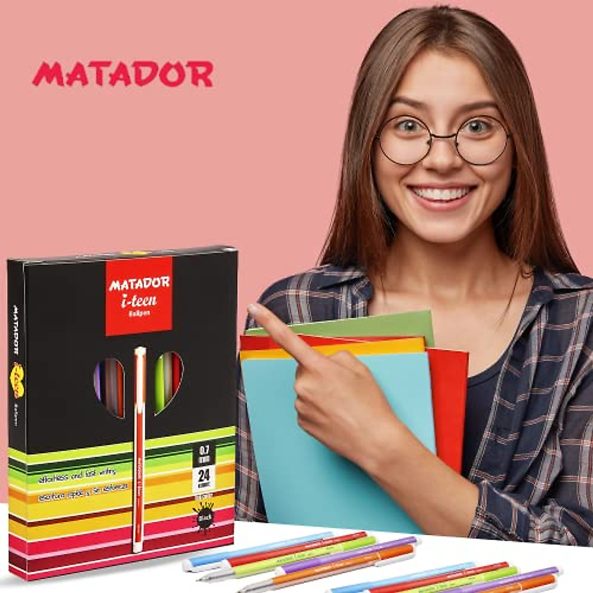 Matador i-teen Ballpen, Fine-Point (0.7 mm), Black Ink, A Trendy Elegant and Enchanting Design, Delivers Strong and Vivid Lines, 24 Counts