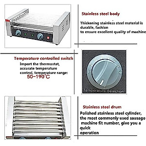 Hotdog Roller Grill Stainless Steel Hot Dog Roller Machine, 9 Roller Grill Hot Dog Warmer Cooker Machine, 50-190° Temperature Control, For Food Street, Snack Bar, Restaurant