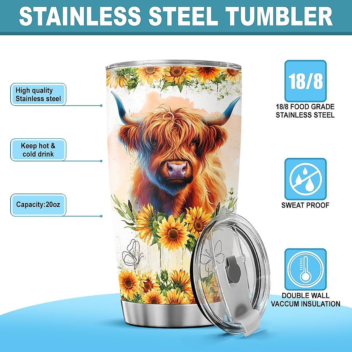JENOIS Just A Girl Highland Cow, Tumbler 20 Oz With Lid And Straw, Highland Cow Gifts, Sunflower Flower Cups Floral