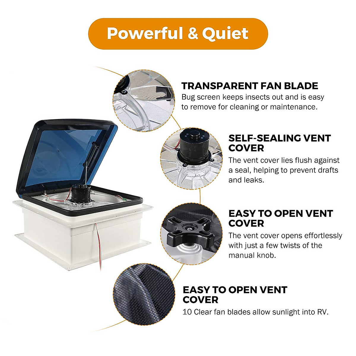 PARTOL Roof Vent for RV Fan 14”12V Automatic RV Roof Vent Fan Camper Motorhome Fan with Rain Sensor and Remote Controller, Two-Way Ventilation 3 Speed Reversible Airflow, Smoke Dome RV Vent Cover