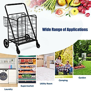 Safeplus Folding Shopping Cart, Heavy Duty Utility Cart with Rolling Swivel Wheels&Double Basket, Grocery cart for Grocery, Laundry,Book,Luggage, Travel (Heavy Duty 25" x 25" x 40", Black)