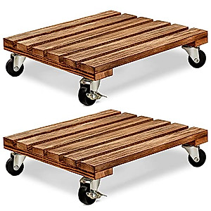 KarNeey 2 Pack Plant Caddy Wooden Plant Stand with Wheels 12 Inch Square Plant Roller with Metal Lockable Caster Wheels Heavy Duty Rolling Plant Stand Outdoor/Indoor Plant Dolly on Patio/Flower Pot