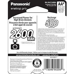 Eneloop Panasonic BK-3HCCA8BA pro AA High Capacity Ni-MH Pre-Charged Rechargeable Batteries, 8-Battery Pack