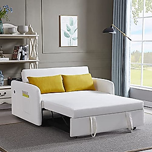 MOEO Modern Velvet Convertible Loveseat Sleeper Sofa with Adjustable Backrest, Pull Out Bed w/Arms & 2 Lumbar Pillows, 2 Seat Corner Couch Living Room & Apartment, White