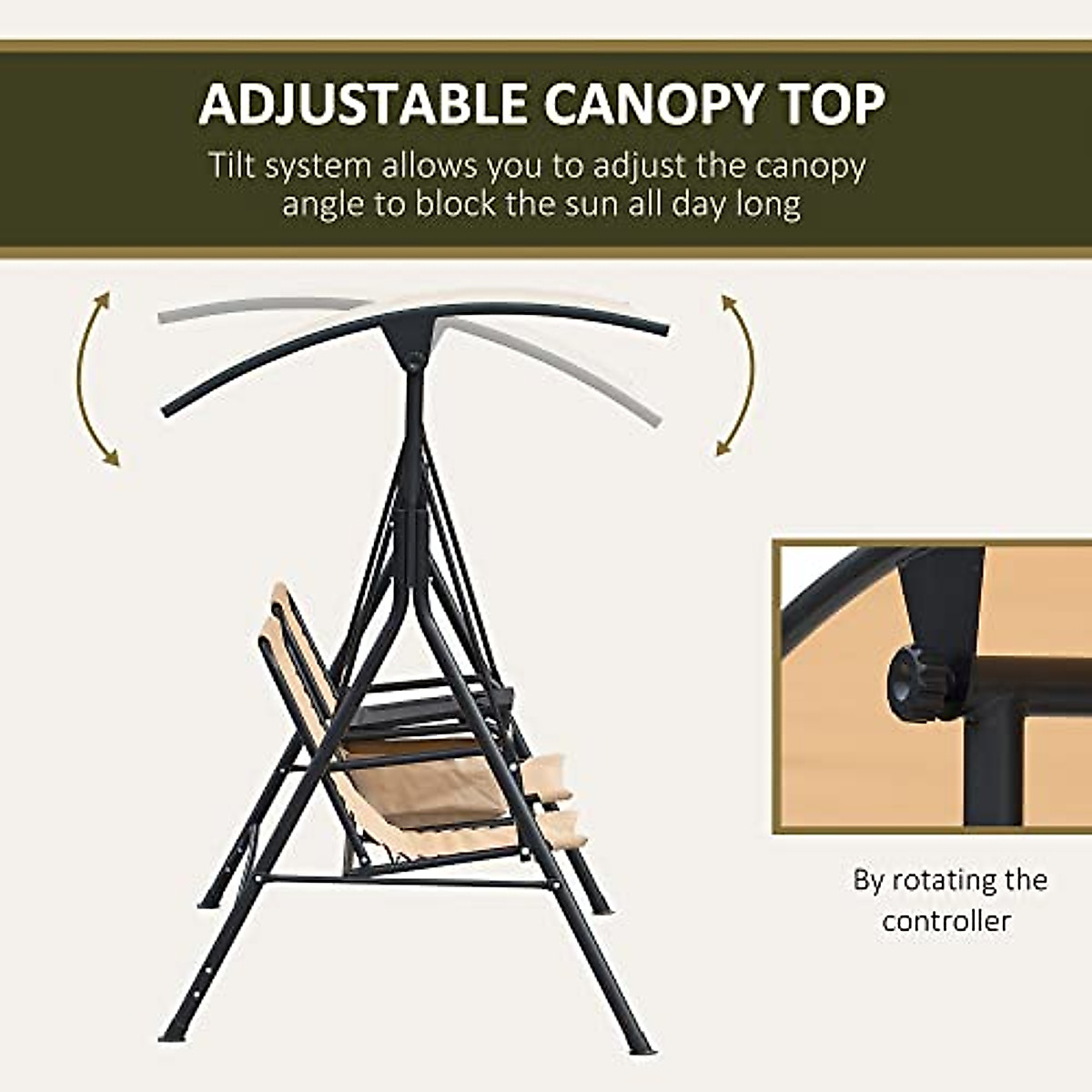 Outsunny 2-Seat Patio Swing Chair, Outdoor Canopy Swing Glider with Pivot Storage Table, Cup Holder, Adjustable Shade, Bungie Seat Suspension and Weather Resistant Steel Frame, Beige