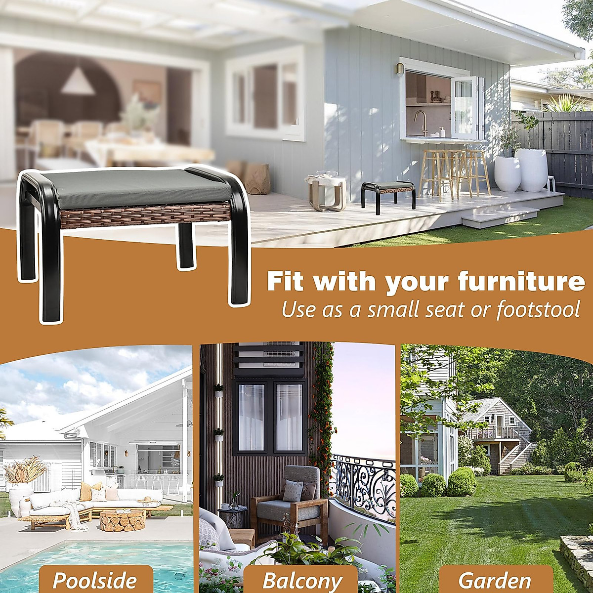 Deguifei Patio Footstool Ottoman Outdoor Foot Rest with Aluminum Frame Rattan Furniture Foot Stools Seat with Soft Cushion for Garden Yark 2 Set Brown