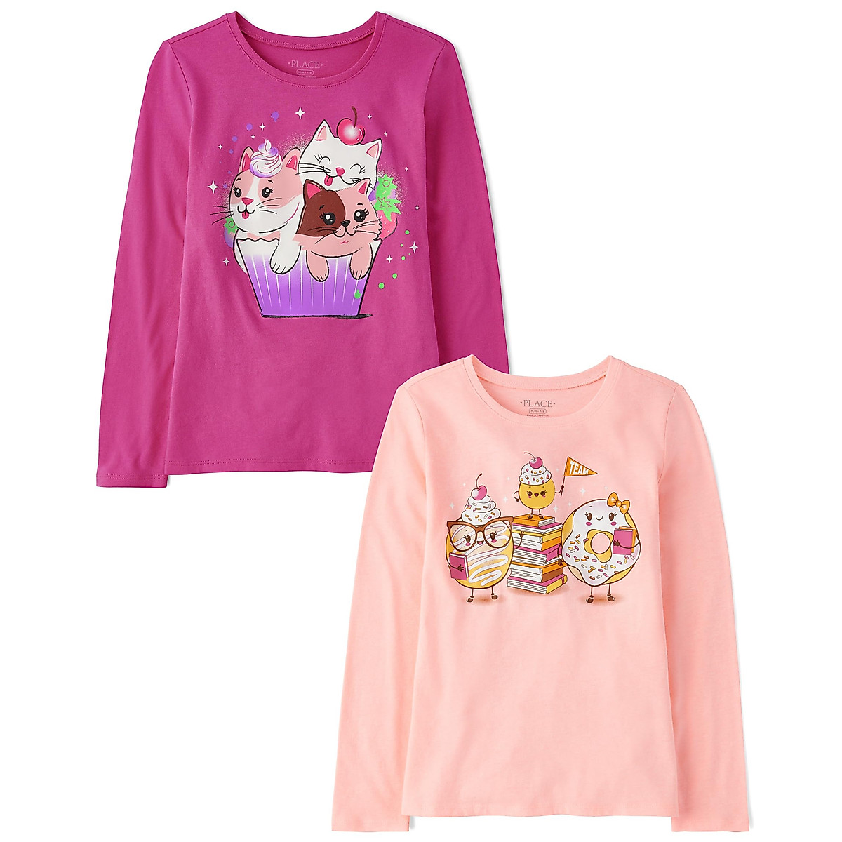 The Children's Place Girls Assorted Everyday Long Sleeve Graphic T-Shirts,Multipacks Cupcake Kitties/Team Dessers 2-Pack X-Small