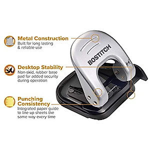 Bostitch Office EZ Squeeze Reduced Effort 2-Hole Punch, 20 Sheets, Locking Handle, Silver (2310)