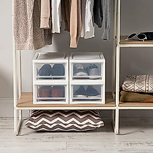 IRIS USA 6 Quart Compact Stacking Storage Drawer, Plastic Drawer Organizer with Clear Doors for Undersink, Kitchen, Pantry, Desk, and Home De-Clutter, Store Shoes and Craft Supplies, 4-Pack, White