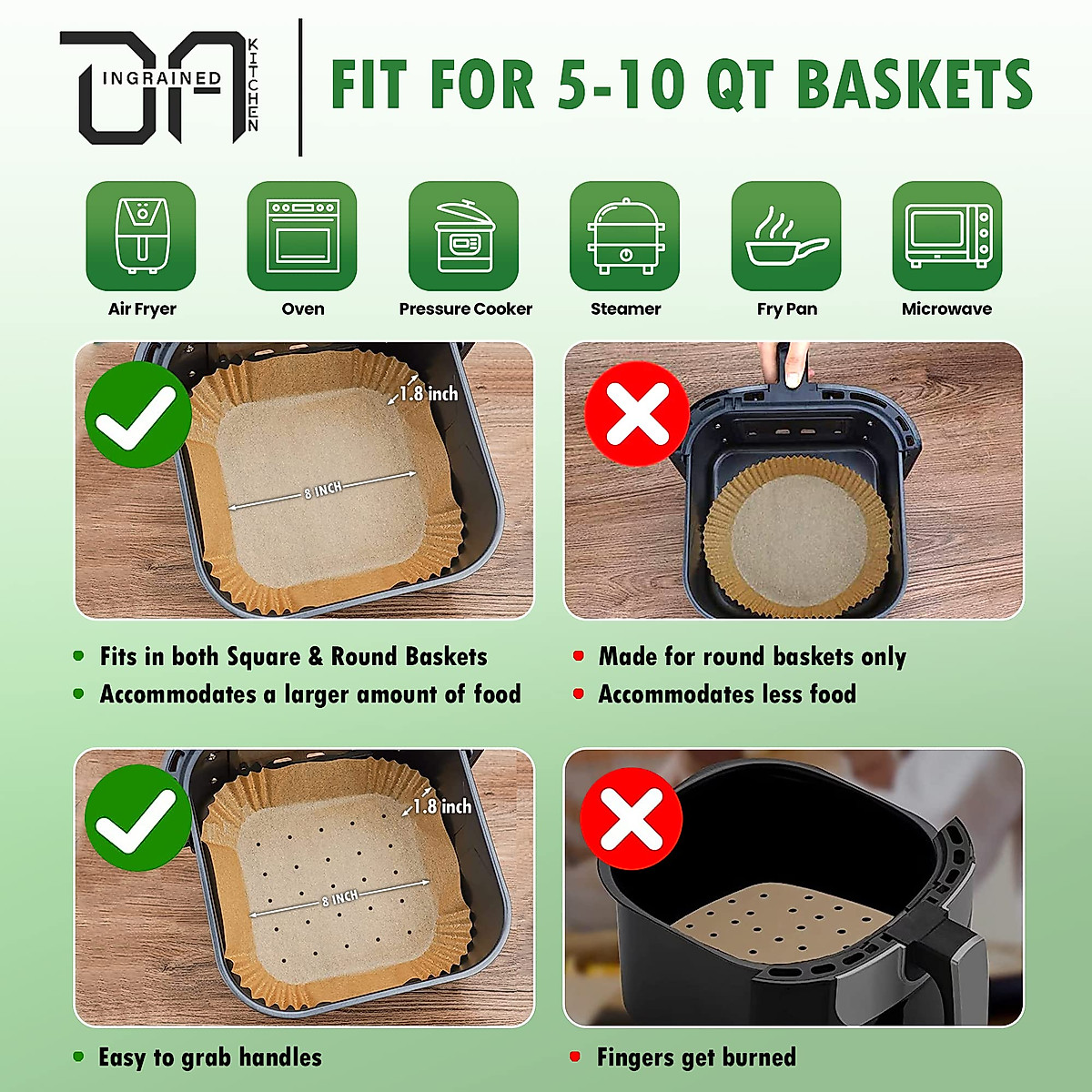 INGRAINED KITCHEN Air Fryer Paper Liners Disposable,125PCS, Airfryer Liners 9 Inch, Nonstick-Water & Oilproof-Unbleached Parchment Paper, For All Appliances, Fry Roast Bake Steam Microwave