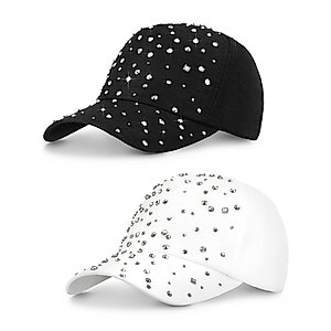 Loopeer 2 Pcs Adjustable Breathable Rhinestone Baseball Cap for Women Men Sequins Casual Sports Cap Rhinestone Hat(Black, White)