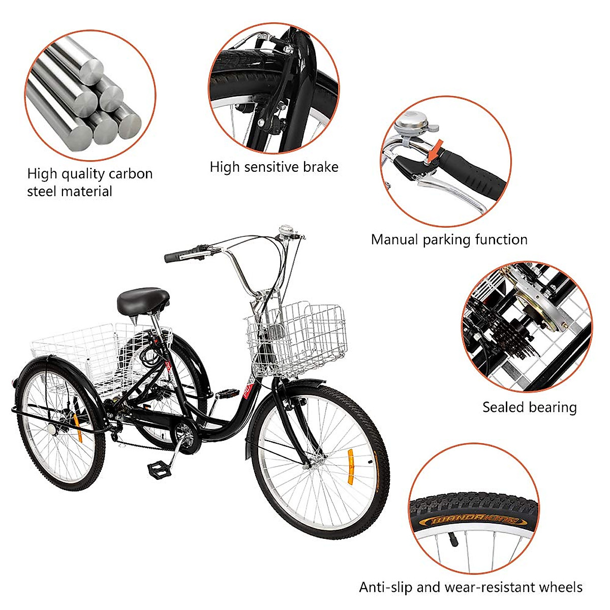 PEXMOR Adult Tricycle 7 Speed, 24/26 Inch 3 Wheel Bikes Tricycle for Adults, Adult Trike for Women/Men/Seniors, Three Wheel Cruiser Bike w/Folding Front & Rear Basket for Shopping/Recreation/Picnic