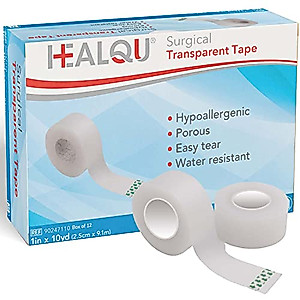 HEALQU Surgical Transparent Tape for Wound Care, Tubing, First Aid Supplies - 1" x 10yd Box of 12 Breathable, See Through, Microporous Waterproof Tape with Gentle Adhesion and Easy Monitoring