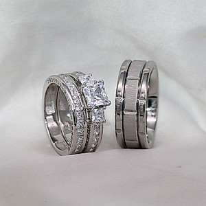 TWO RINGS Wedding Ring Sets His And Hers Promise Ring Couples Bridal Sets Women 925 Sterling Silver square Cz Man Stainless Steel Brushed Finished Wedding Bands