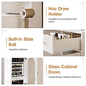 Mauqvit Vanity Desk with Mirror and Light，Vanity Desk with 2 Large Drawers, 2 Large Storage，Charging Station and 10 Lights 3 Lighting Modes Adjustable Brightness Dresser, White