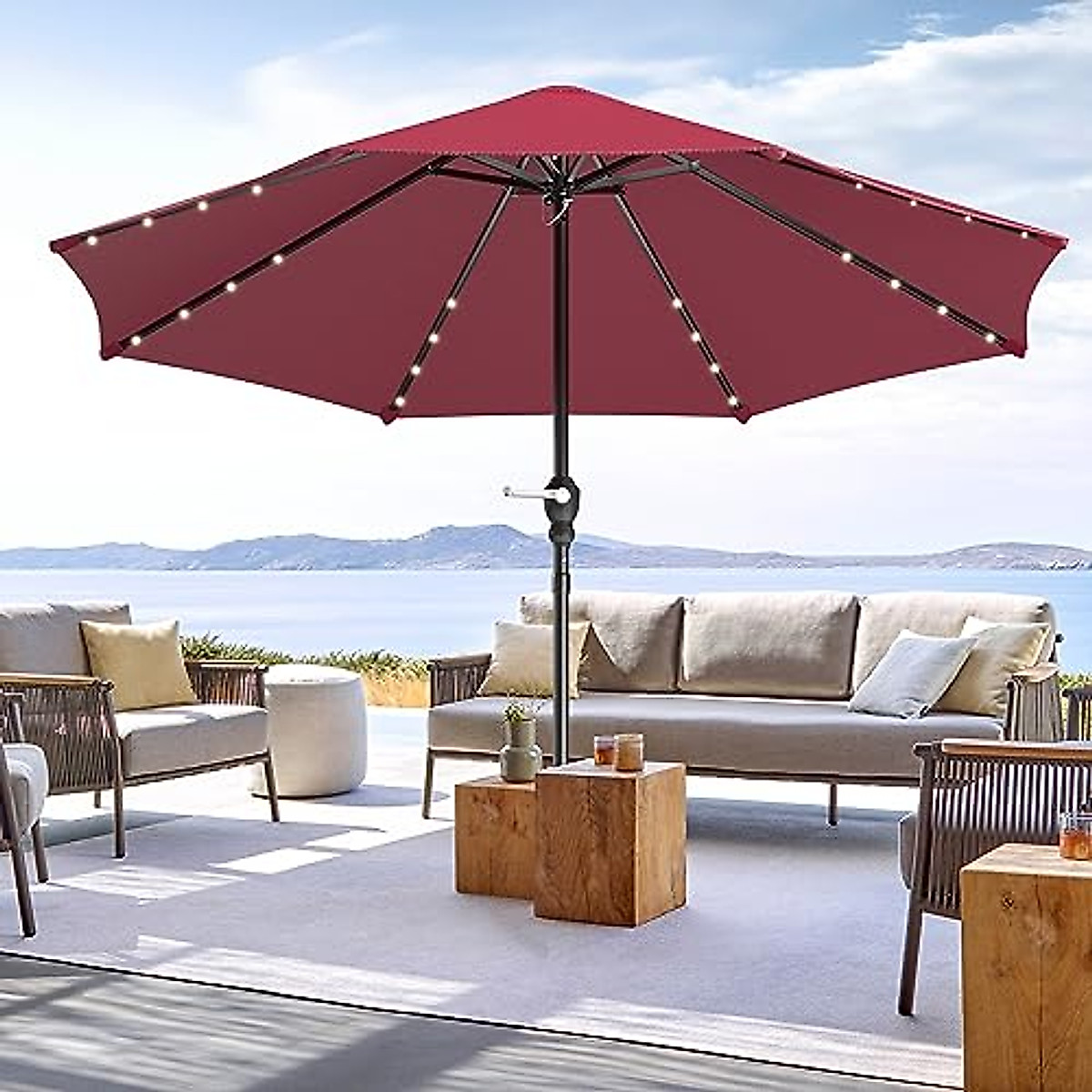 Magshion 9FT Solar Patio Umbrella with 32 LED Lights, Outdoor Market Umbrella with 8 Steel Ribs & Crank Lift, Windproof Sunshade for Garden, Deck, Backyard & Pool (Burgundy)