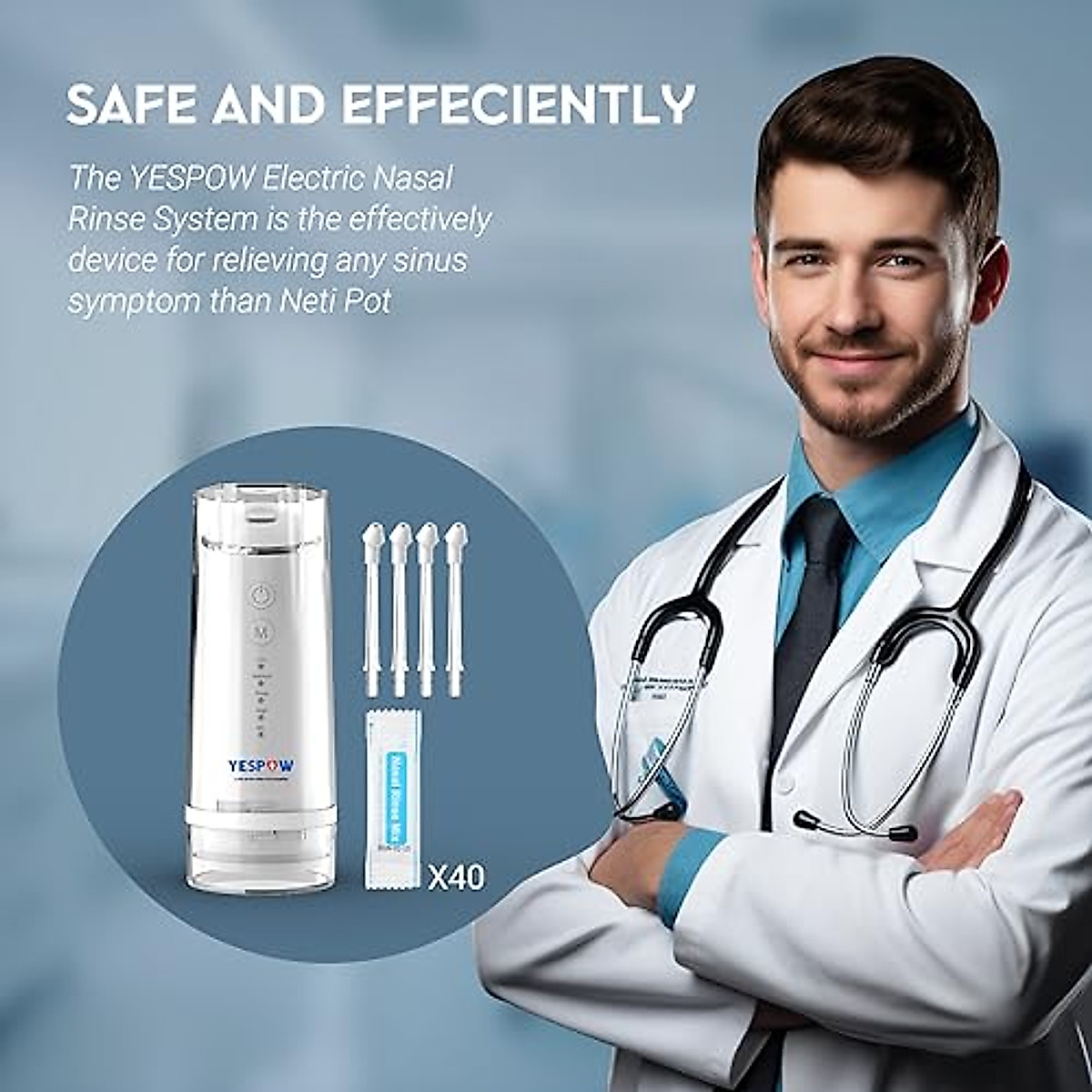 Nasal Irrigation System - 𝐘𝐄𝐒𝐏𝐎𝐖 Electric Neti Pot Nose Cleaner - Sinus Rinse Machine with 𝟒 𝐌𝐨𝐝𝐞𝐬 for Nose Wash - Nasal Irrigator with 𝟒𝟎 Packets Saline for Sinus Flush and Relief