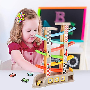 Aomola Montessori Toys for 3 4 5 Year Old Boys Toddlers, Car Ramp Toys with 8 Mini Cars, Parking Lot & Gas Station, Ramp Racer Toy Gift for Boys Girls Age 3-5