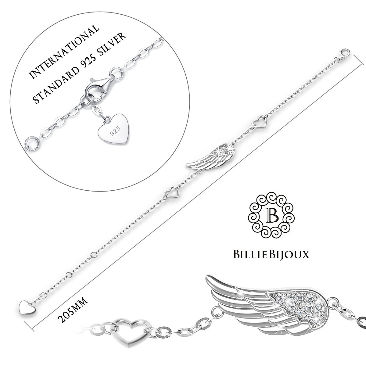 Billie Bijoux 925 Sterling Silver Women Angel Wing Adjustable Chain Bracelet Diamond White Gold Plated Bracelet Women Gift for Women Valentine's Day (Style 1)
