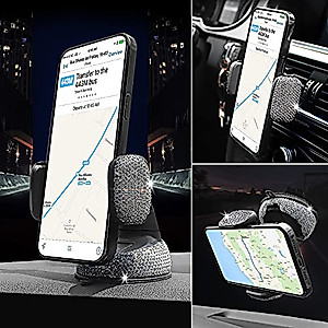 Bling Phone Holder for Car, Girly Rhinestone Car Dashboard Windshield Cell Phone Mount , 360 Degree Adjustable Glitter Sparkly Handcrafted Diamond Car Decor for Women with Air Vent Hook Clip, White