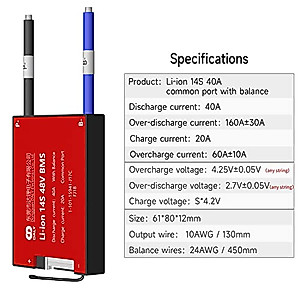 DALY BMS Li-ion 14S 48V 40A PCB Battery Protection Board Common Port with Balance for Lithium Battery Pack Rated 3.7V(Standard BMS,40A)