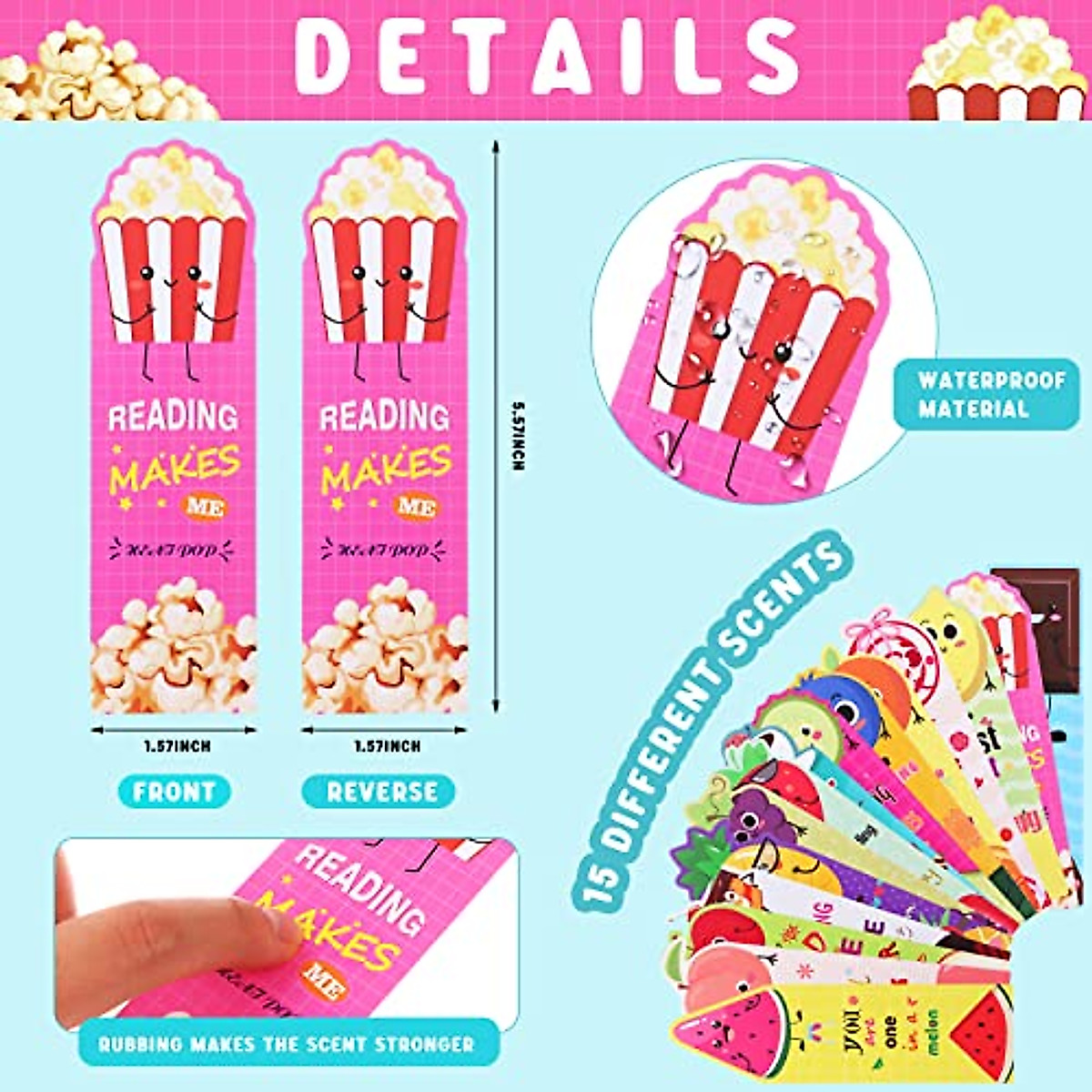 craftshou 120 Pcs Fruit Scented Bookmarks for Kids Scratch and Sniff Bookmark Fun Bookmarks 15 Styles Fruit Snack Pattern Bookmarks for Girls Boys Supplies