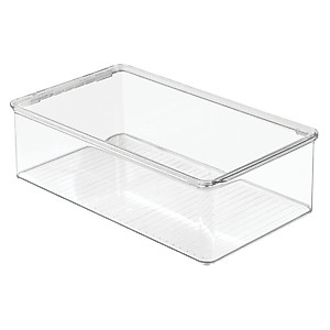 mDesign Plastic Kitchen Pantry and Fridge Storage Organizer Box Containers with Hinged Lid for Shelves or Cabinets, Holds Snacks, Canned Drinks, Condiments, Utensils, Ligne Collection, Clear