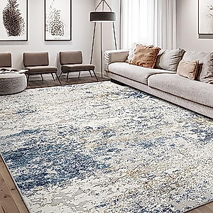 Area Rug Living Room Rugs - 5x7 Abstract Large Soft Indoor Washable Rug Neutral Modern Low Pile Carpet for Bedroom Dining Room Farmhouse Home Office - Beige Blue