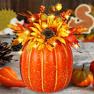 Roseeyo 11 Inch Lighted Pumpkin Decor, Thanksgiving Decorations Artificial Pumpkin with 30 LED Lights 9 Maple Leaves 2 Pumpkins 2 Berry Stems Sunflower Straw, Autumn Pumpkin Home Table Decorations