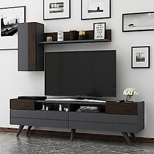 HOMIDEA Moon TV Stand -TV Lowboard – Wall Unit Set – TV Board – Cabinet with Two Doors and Wall Shelf in Modern Design (Anthracite/Walnut)