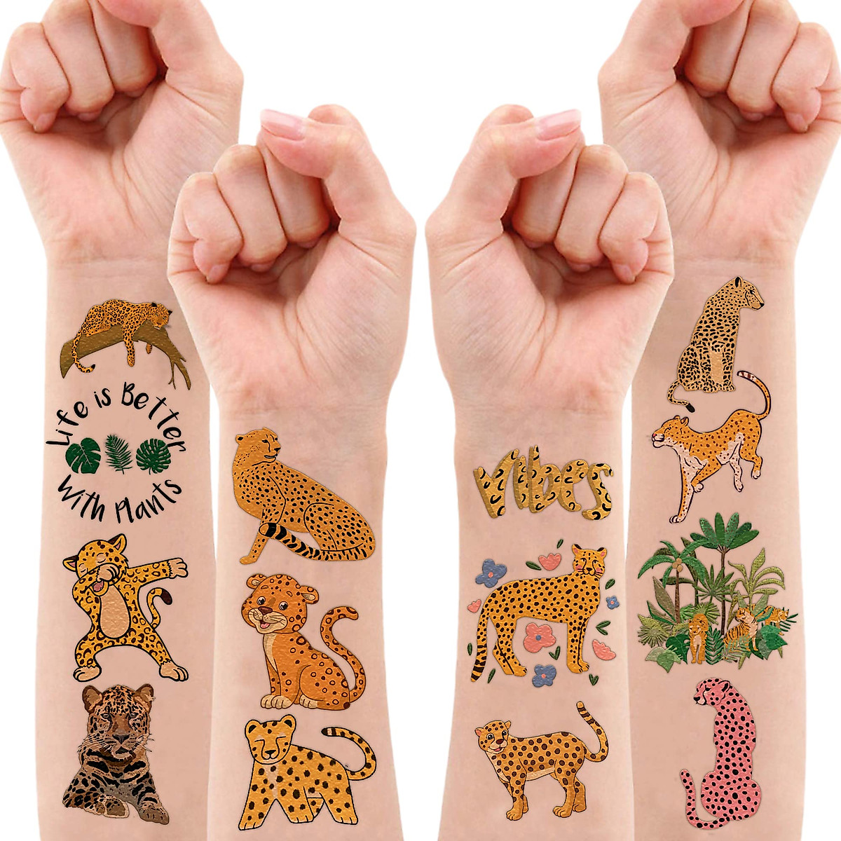 8 Sheets (96PCS) Cheetah Tattoos Temporary Jungle Theme Birthday Party Supplies Favors Decorations Tattoo Stickers For Boys Girls Gifts Classroom School Prizes Rewards