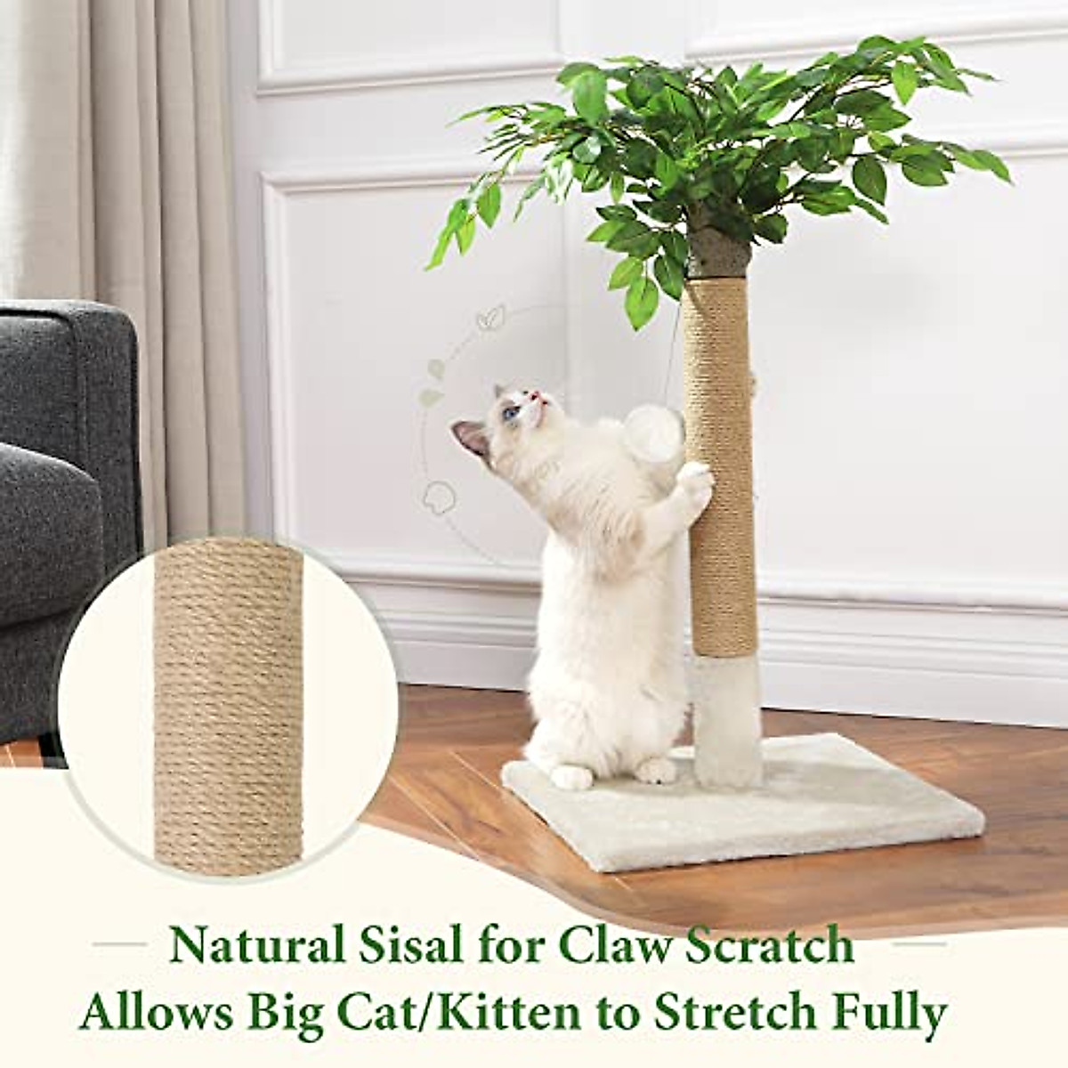 MSmask Cat Scratching Post, Natural Jute Sisal Scratch Pole, Cat Scratch Post with Artificial Banyan Leaves for Indoor Cats, Cat Scratcher & Home Decorating
