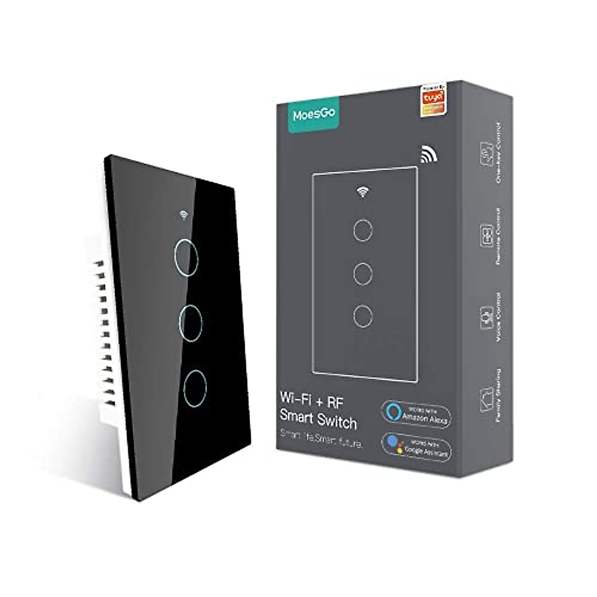 MoesGo 2nd Generation WiFi RF433 Smart Touch Wall Single Wire Smart Switch?No Neutral Wire Needed Compatible with Smart Life/Tuya App, Works with Alexa and Google Home Single Pole 110V Black 3 Gang