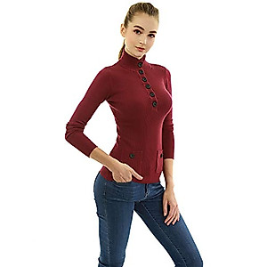 AmélieBoutik Women Button Up V Neck Ribbed Pullover Sweater with Pocket (Burgundy Small)