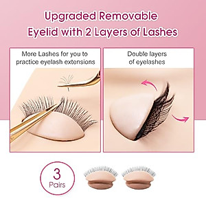 Miuffue 3 Pairs 2 Layers Eyelash Practice Eyelids for Mannequin Head, Removable Realistic Eyelash Extension Eyelids with Eyelashes, Silicone Rubber Replacement Eyelids for Eyelash Training
