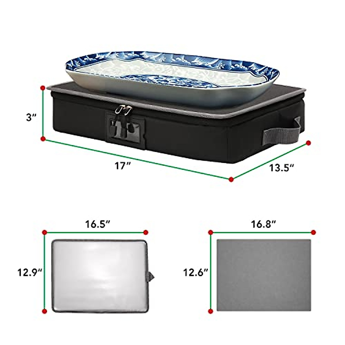 KGMCARE Large Platter Storage Case, China Storage Containers for Plates Storage and Moving with Lid and Handles, 17'' x 13'' China Serving Platter Protector Box, Felt Dividers Included (Black)