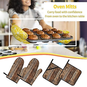 Oven Mitts and Pot Holders Sets of 4,Vintage Brown Wood Splicing Pattern,Oven Mitts Heat Resistant Oven Gloves Set Potholders for Kitchen Baking Grilling