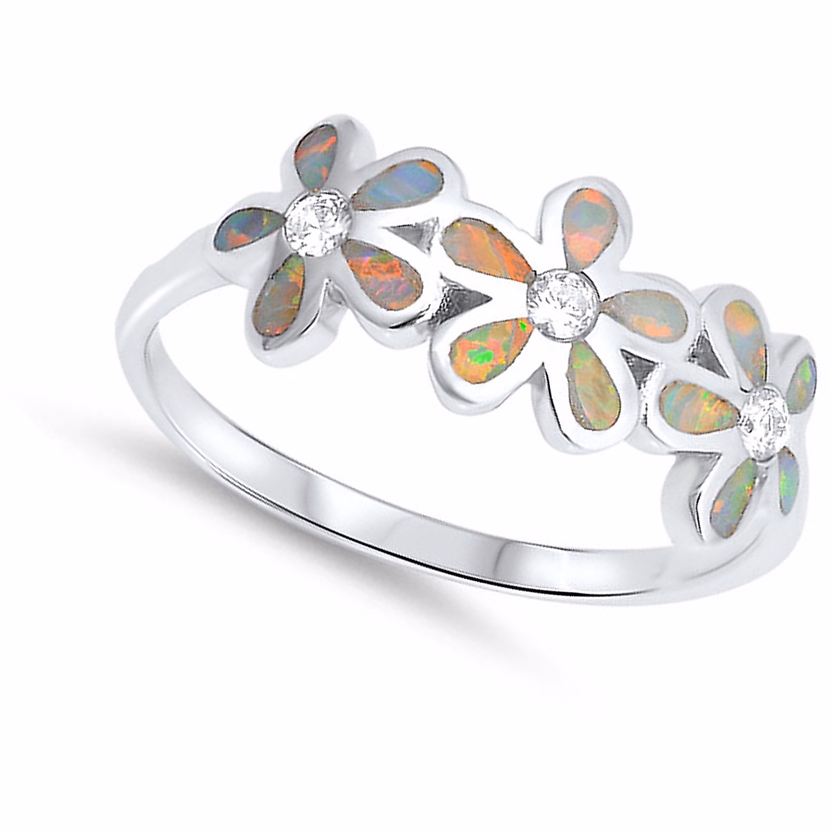 Clear CZ White Simulated Opal Plumeria Flower Ring 925 Sterling Silver Band Size 8