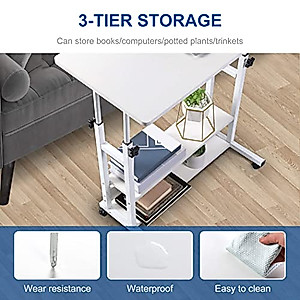 Portable Desk for Bedroom Height Adjustable 31x16 inch Storage Rolling Desk Modern Laptop Table Home Office Workstation Sofa Side Table with Wheels for Living Room Mobile Couch Small Study Desk White