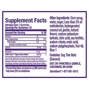 ZzzQuil PURE Zzzs Triple Action, 6mg Melatonin Gummies, 3X Sleep Aid with Ashwagandha, Calm Mood & Antioxidant for Adults, 6 mg per serving, 60 Count