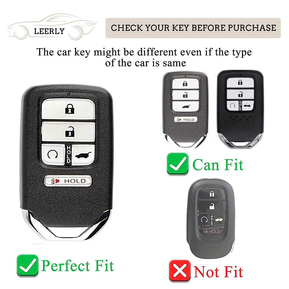 LEERLY Key Fob Cover for Honda Accessories, Key Case with Key Chain Compatible with Civic Accord Pilot CRV HRV CRZ Fit Odyssey Ridgeline JED Crosstour Smart Key 5 Buttons white