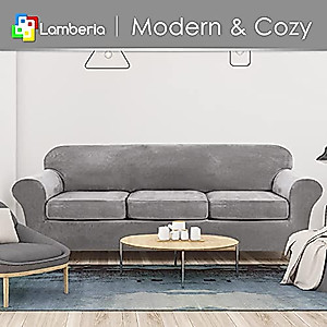 Lamberia High Stretch Sofa Cover for 3 Cushion Couch 4 Pieces Thick &Washable Plush Velvet Sofa Slipcover Couch Cover Furniture Protector for Dogs,Pets&Kids(Sofa-L,Silvergray)