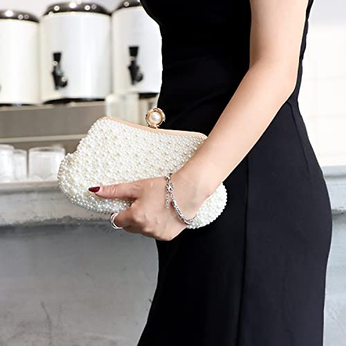 Oweisong Pearl Clutch Purses for Women Crystal Tote Handbag Vintage Evening Clutch Bag for Wedding Cocktail Bride