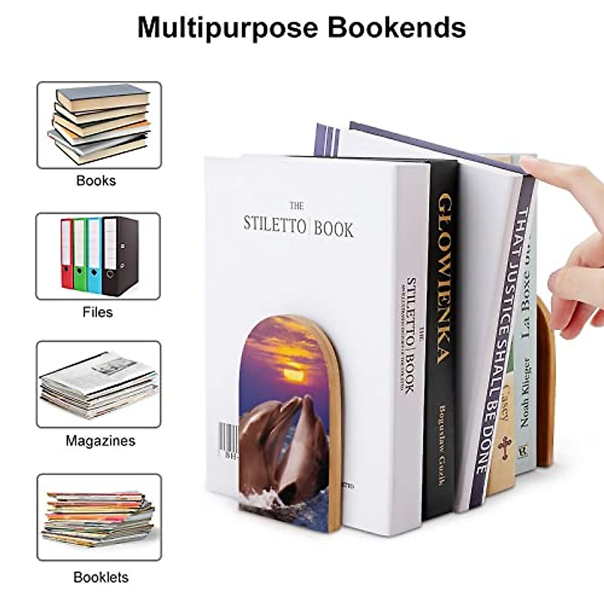 Exquisite Printed Bookends,Funny Dolphin Ocean Sea Sky Heavy Duty Wood + Metal Book Ends Supports Desktop Books Organizer Book Cds Storage for Office School Library Home