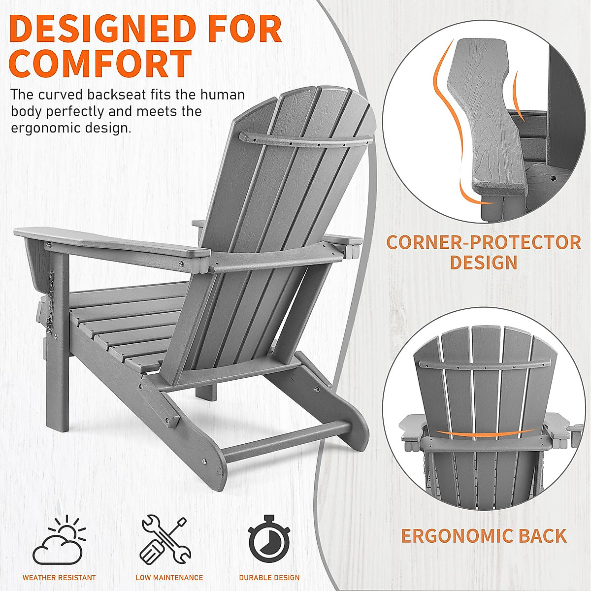 OLYMSOLD Folding Adirondack Chair Set of 2, Plastic Adirondack Chairs Wood Texture, Fire Pit Chairs for Outside, Weather Resistant Composite Adirondack Chair with Cup Holder